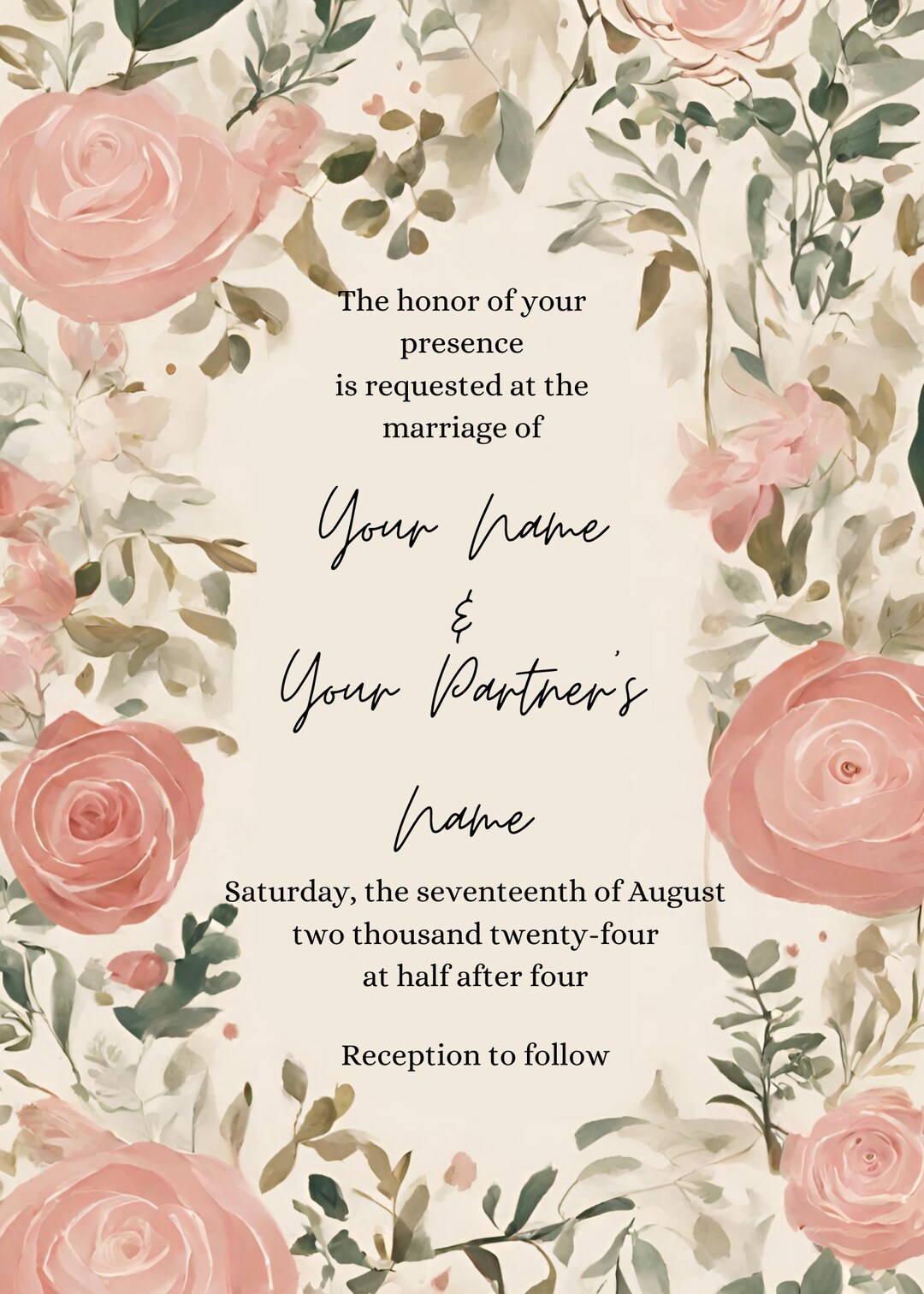 Beautiful Pink Floral Wedding Invitation, Graceful and Elegant, Formal ...