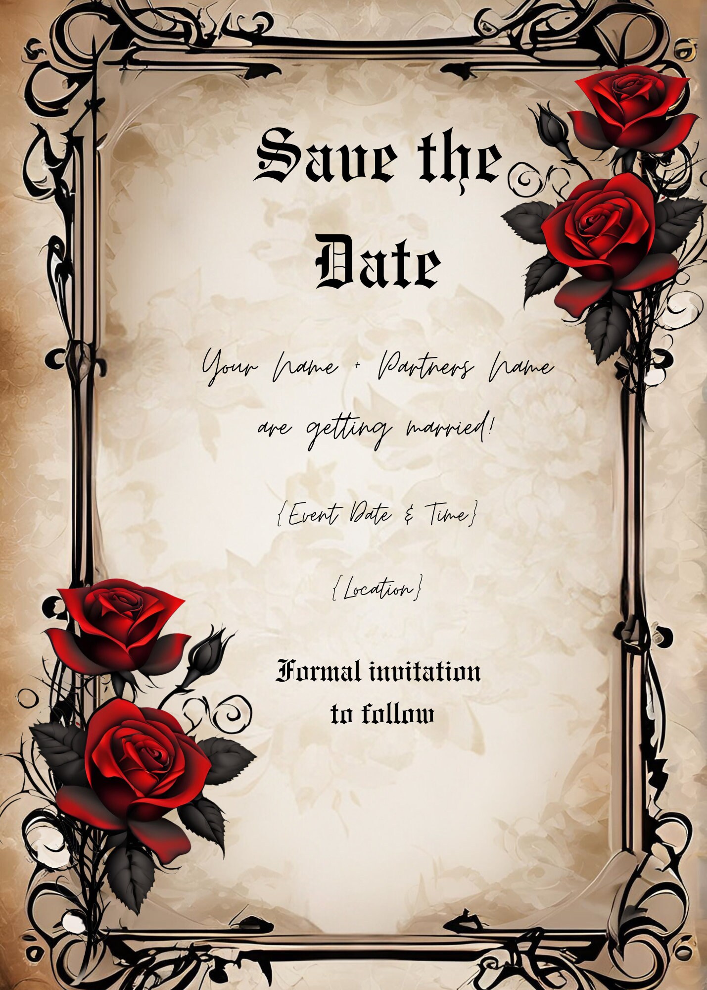 Gothic Vintage Red Rose Wedding Invitation Set, Formal Invite, Save the ...