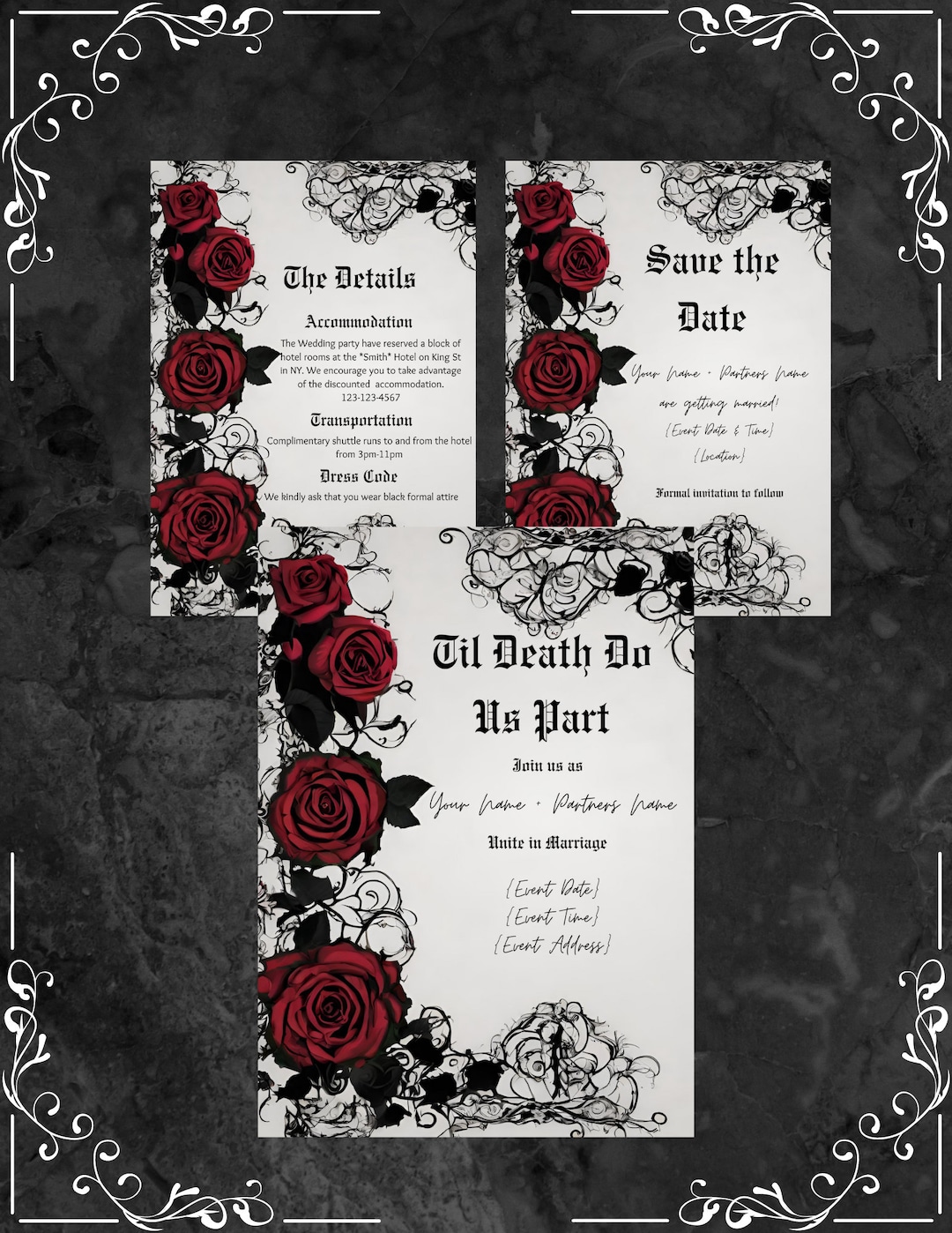 Gothic Wedding Invitation Set, Save the Date, Invitation & Details Card ...