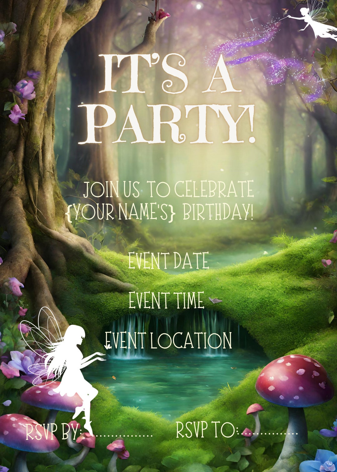 Enchanted Forest Fairy Theme Birthday Party Invitation. Mushrooms ...