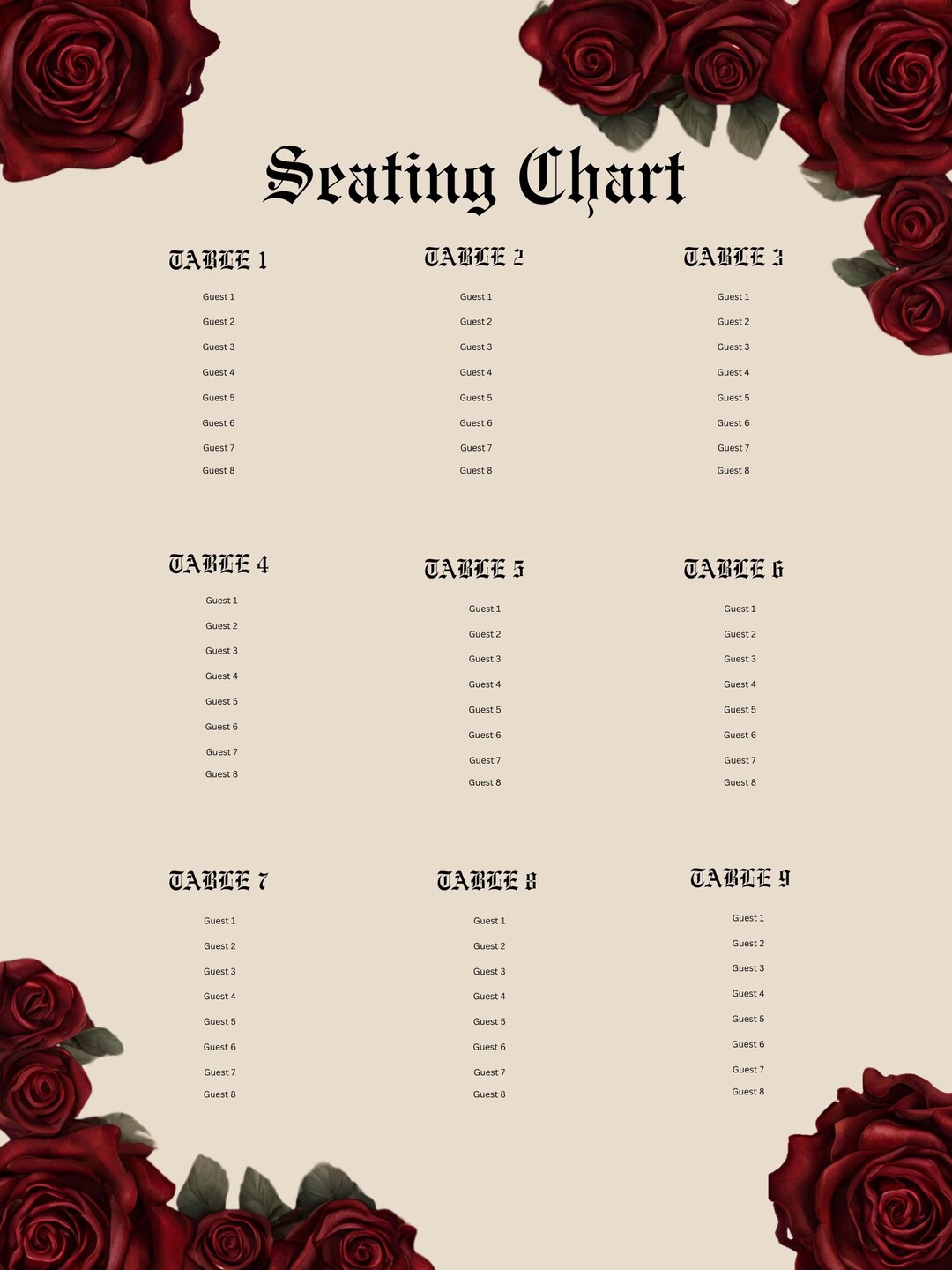 Red Rose Gothic Seating Chart Dark Romance Elegant Wedding Seating Plan ...
