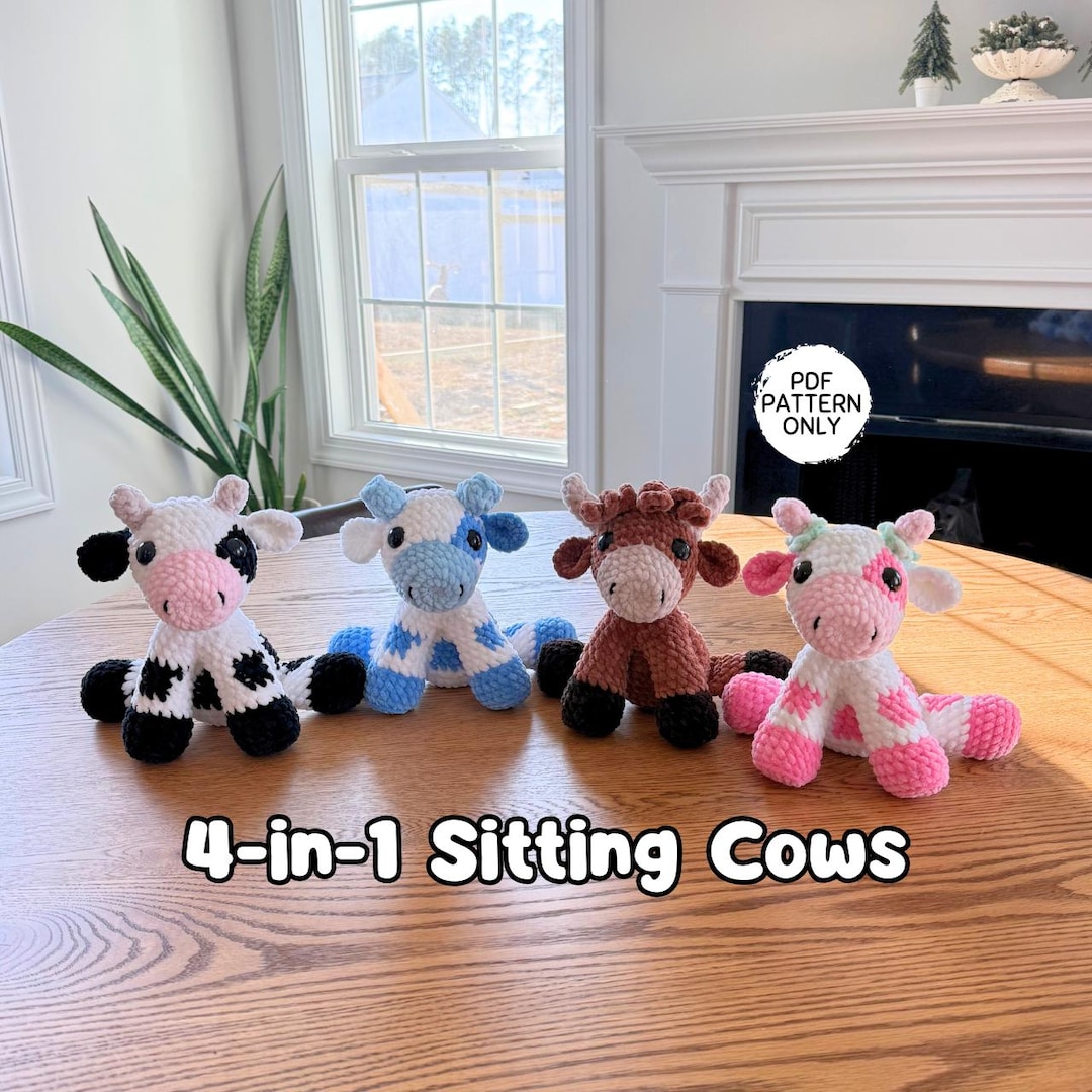 4-in-1 Sitting Cow Crochet Pattern Bundle Amigurumi Highland Strawberry ...
