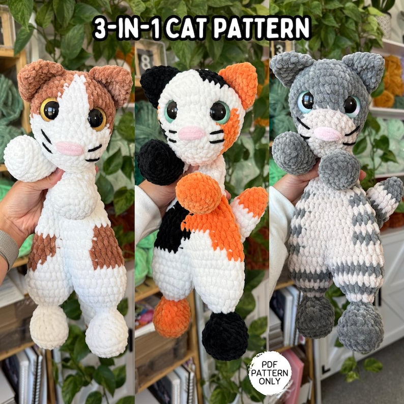 Crochet Cat Snuggler Pattern 3-in-1 Bundle Snuggler Lovey Calico Stripe ...