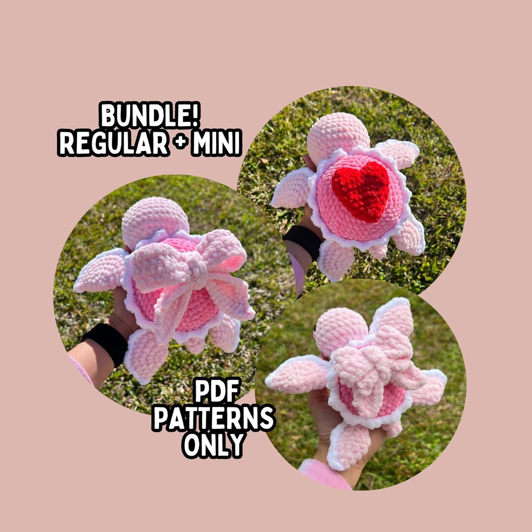 BUNDLE Bow & Heart Turtle Crochet Pattern 2 SIZES Valentines Day Ribbon ...