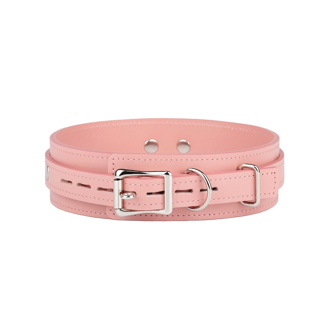 Handmade Pink Leather Locking Lockable Collar for Woman Sub and Leash ...