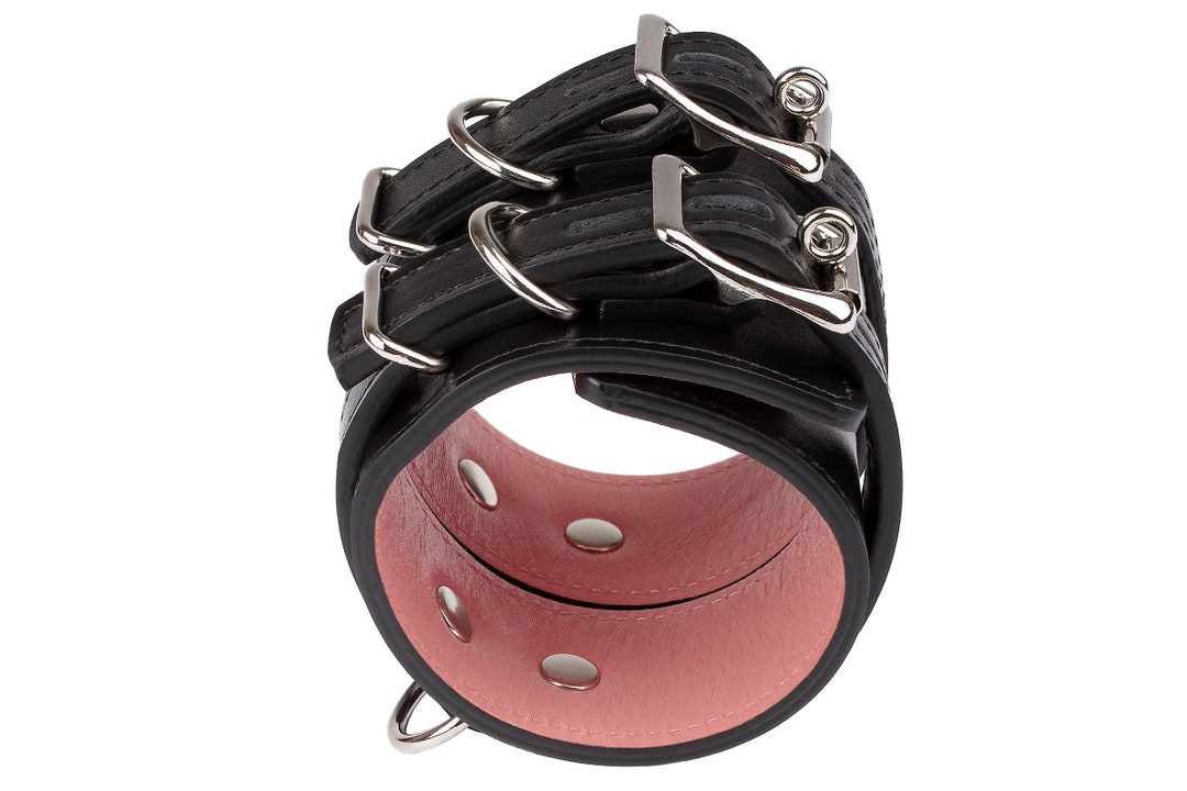 Handmade Locking Leather Black-pink Leather Cuffs With Custom Sizing ...