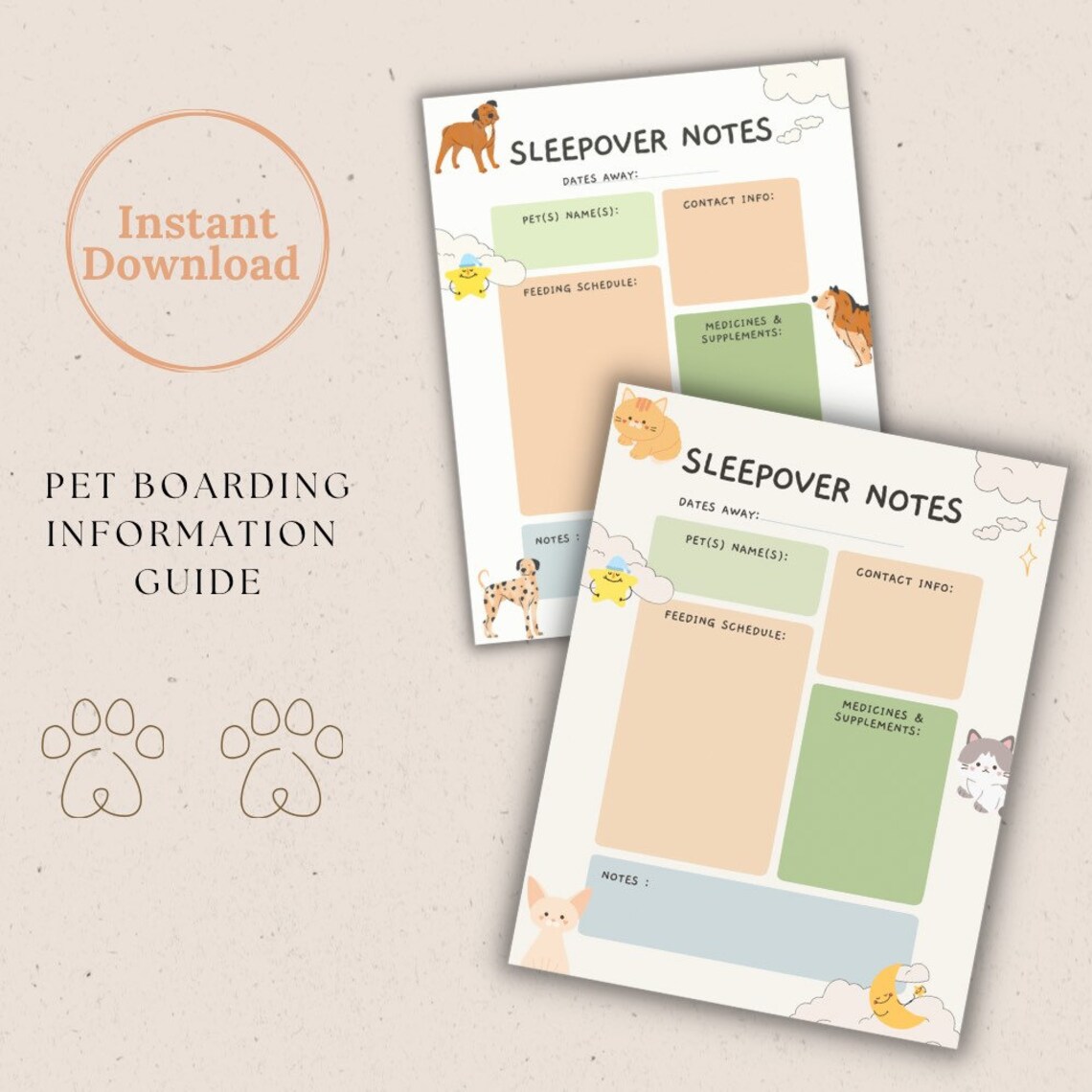 Printable Boarding Notes for Dogs - Etsy