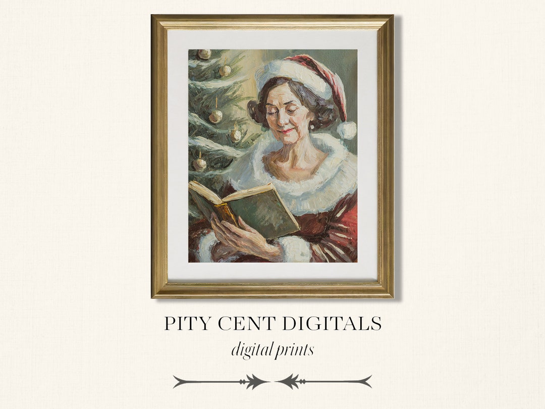 Vintage Christmas Wall Art, Santa Reading Book, Printable Christmas Oil ...