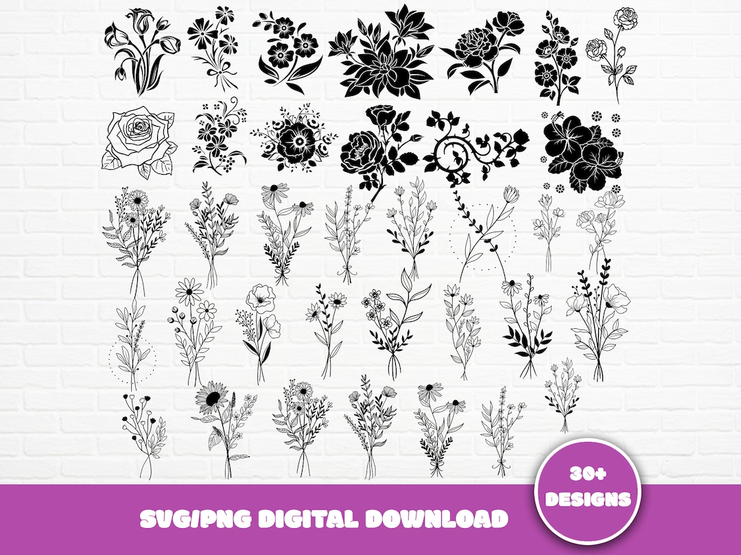 Bouquet SVG Bundle, Fleurs SVG PNG dessinés à la main, Floral Svg ...