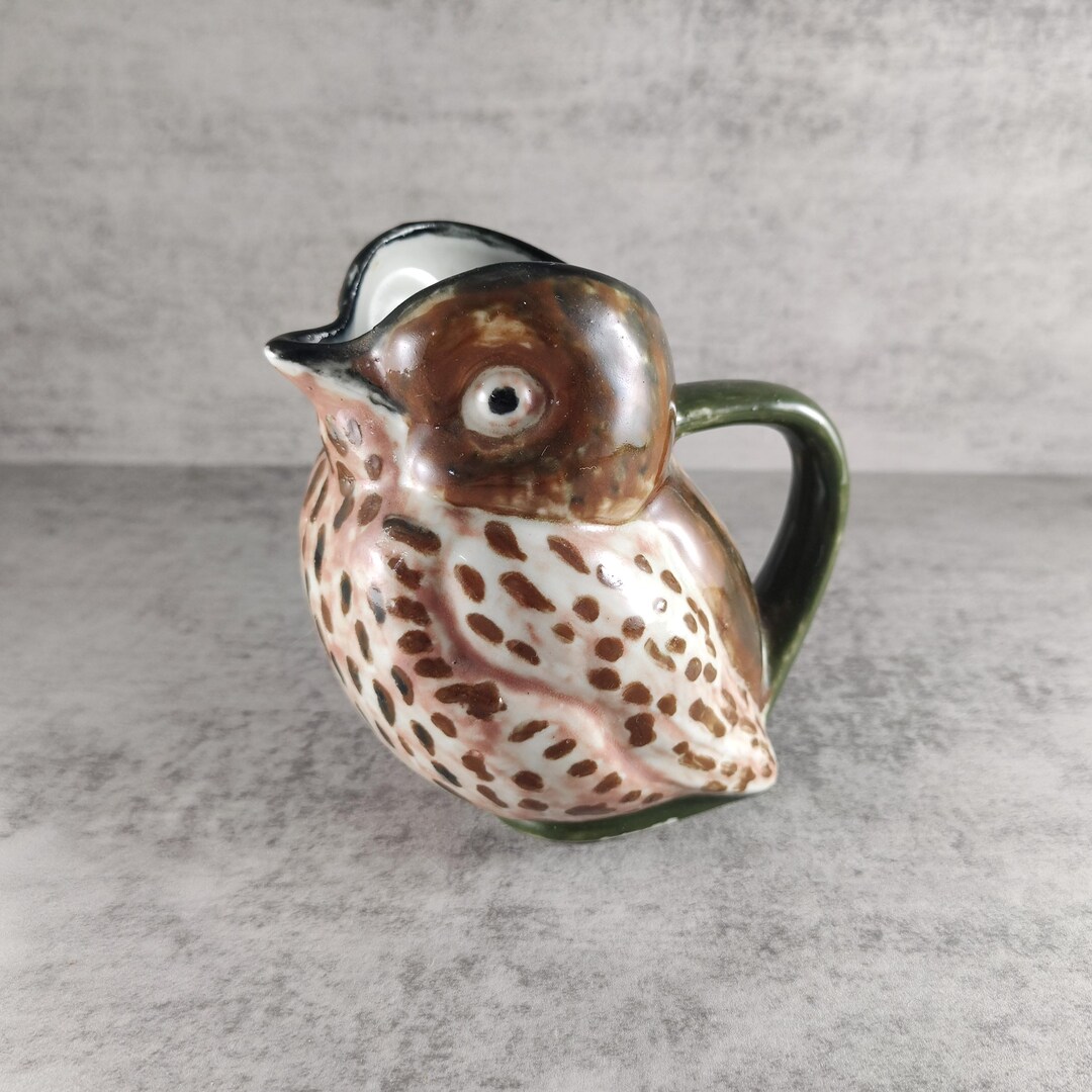 Vintage Owl Bird Creamer Gravy Syrup Pitcher Hand Painted Ceramic Brown ...