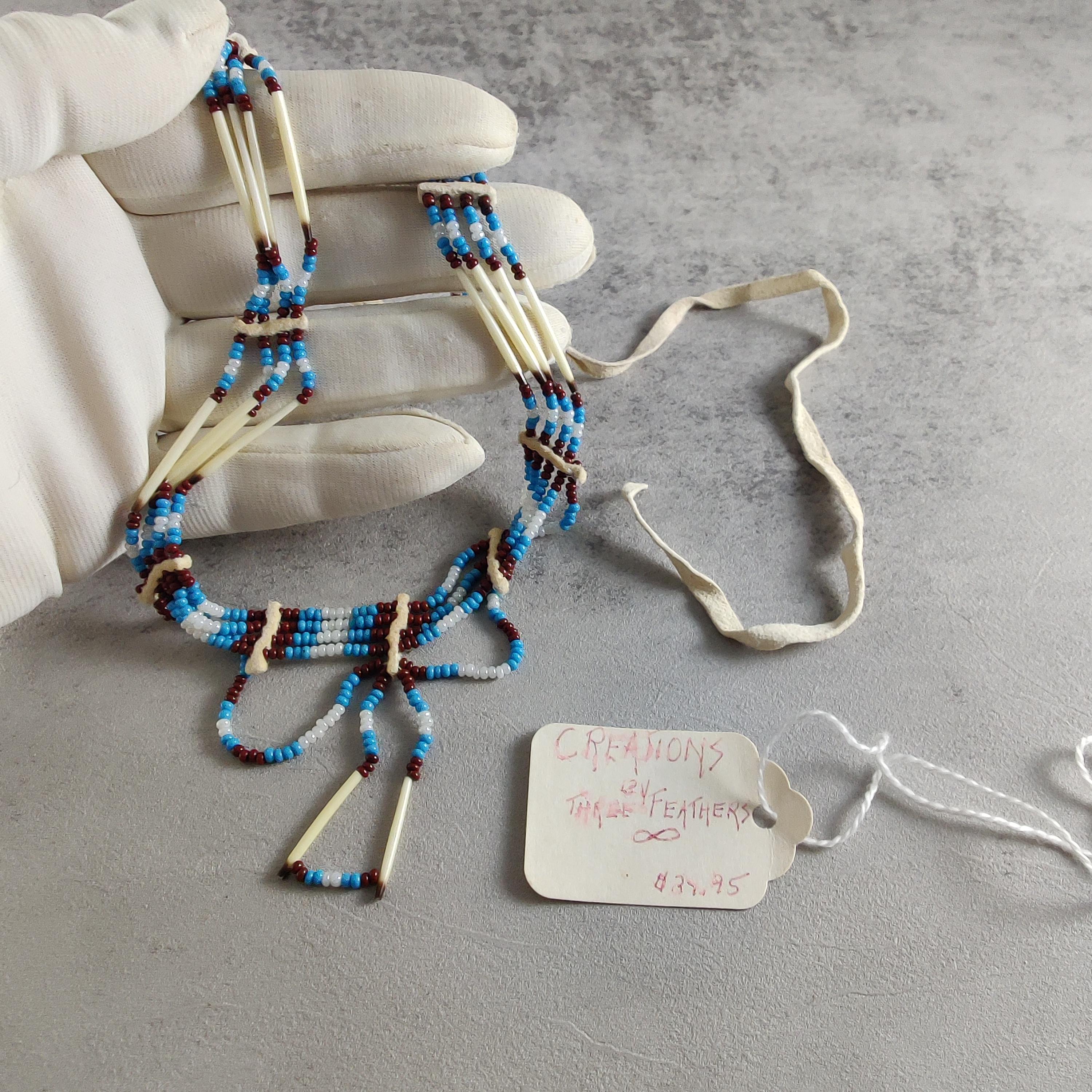 Vintage Necklace Porcupine Quills Beaded Soft Leather Handmade NOS ...
