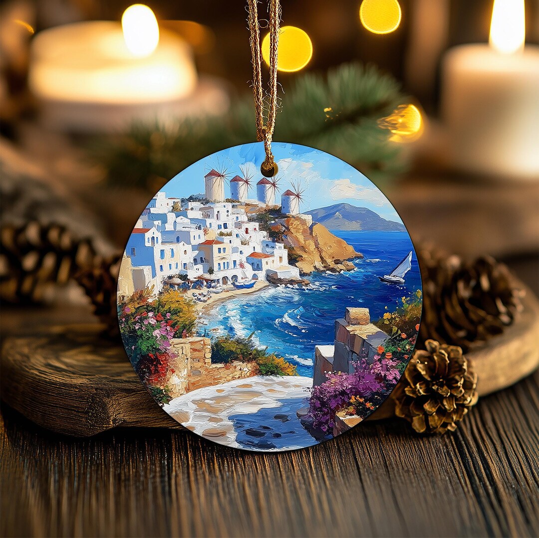 Mykonos Greece Ornament, Mediterranean Coastal Scene, Greek Island Home ...