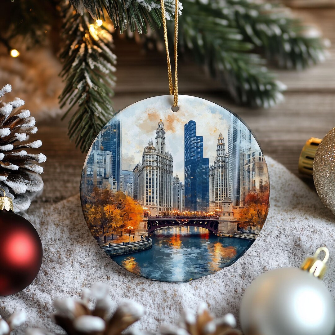 Chicago River Christmas Ornament, Wrigley Building and Skyline Holiday ...