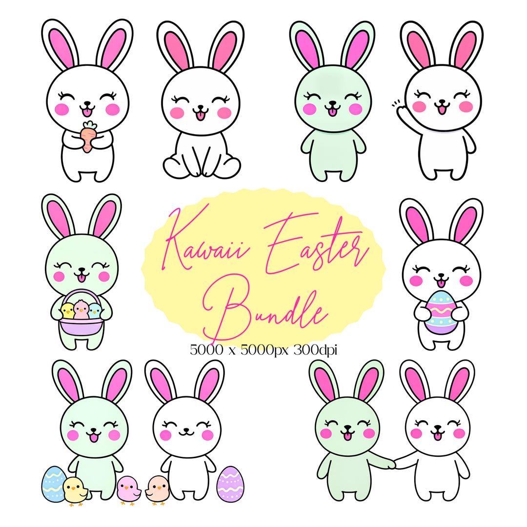 Kawaii Easter Clipart Bundle PNG | Cute Bunny & Chick Easter Graphics ...