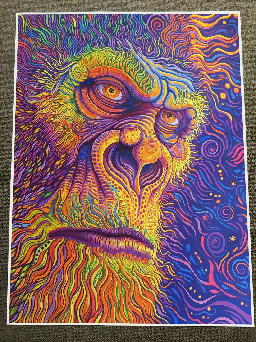 Psychedelic Bigfoot Face Art Print - Vibrant Cosmic Creature Poster ...