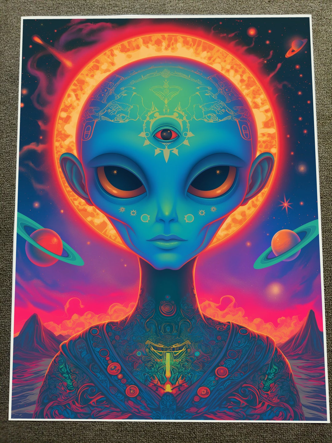 Mystical Alien Portrait Art Print Vibrant Cosmic Visionary Decor ...