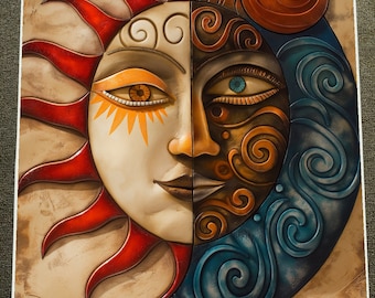 Sun and Moon Face in the Night Sky Printable AI Created Hand Crafted ...