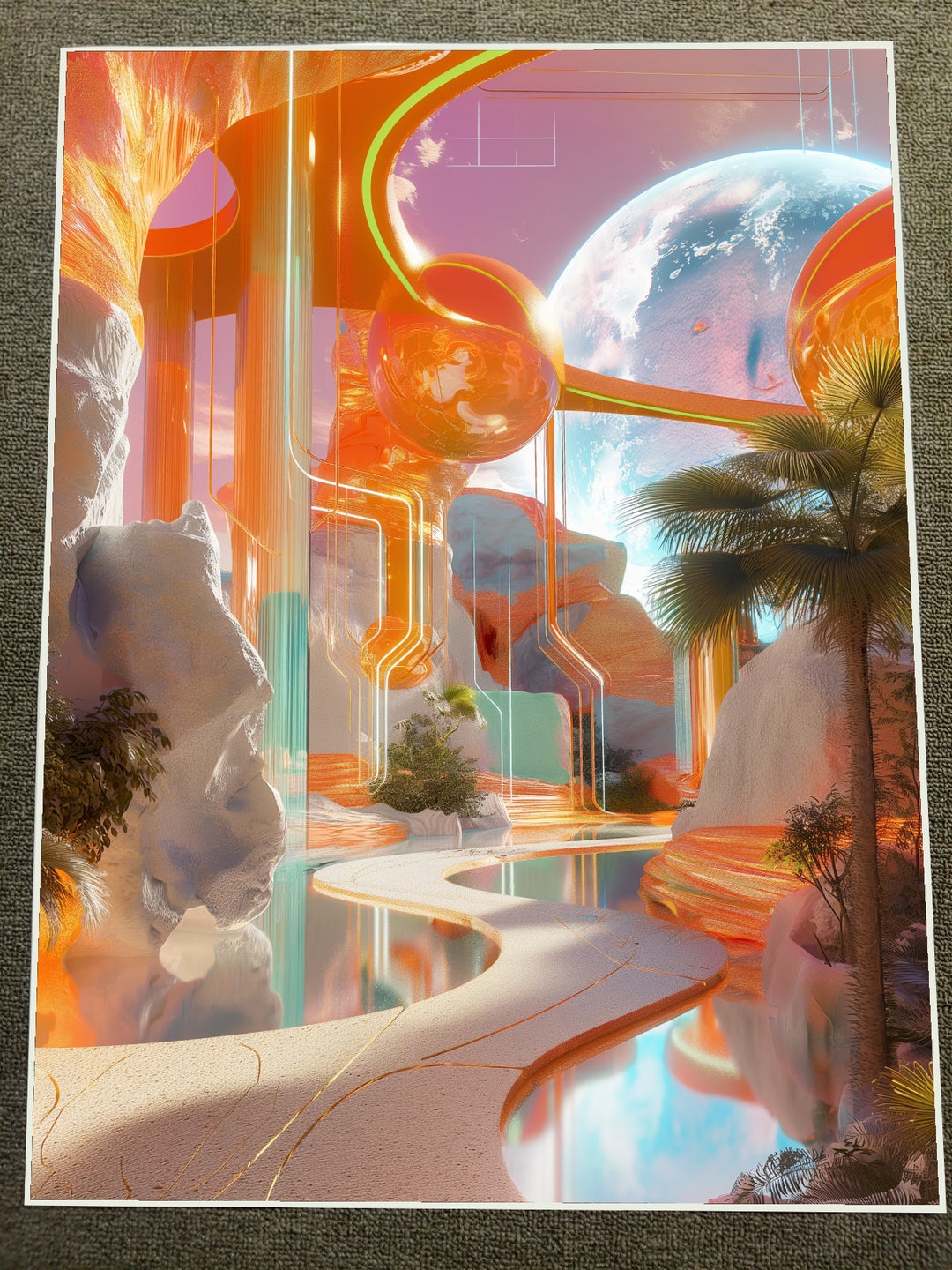 Futuristic Colorful Planet Landscape With Waterfalls and Bridges Poster ...