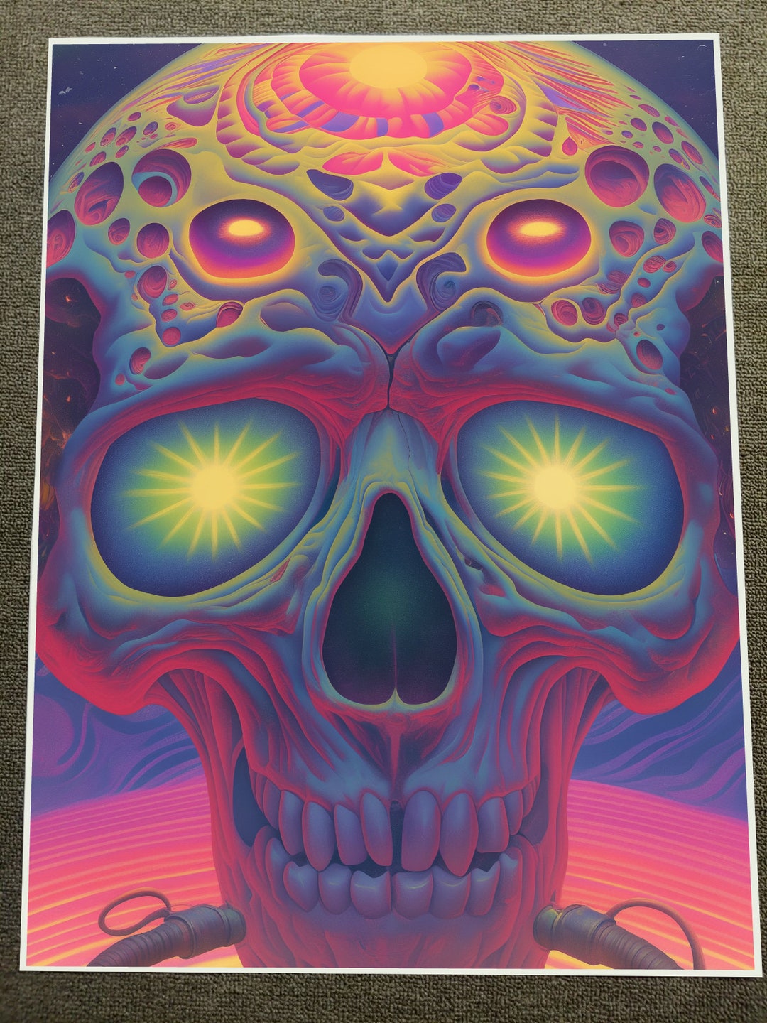 Colorful Psychedelic Skull With Glowing Eyes Vibrant Surreal Art Print ...