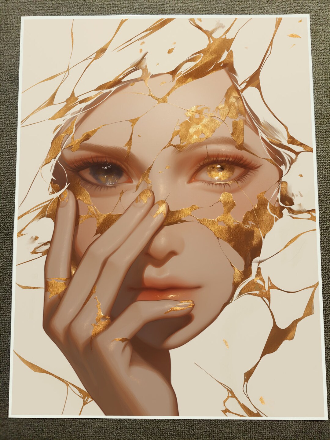 Elegant Kintsugi-inspired Art Print – Surreal Gold Leaf Face ...
