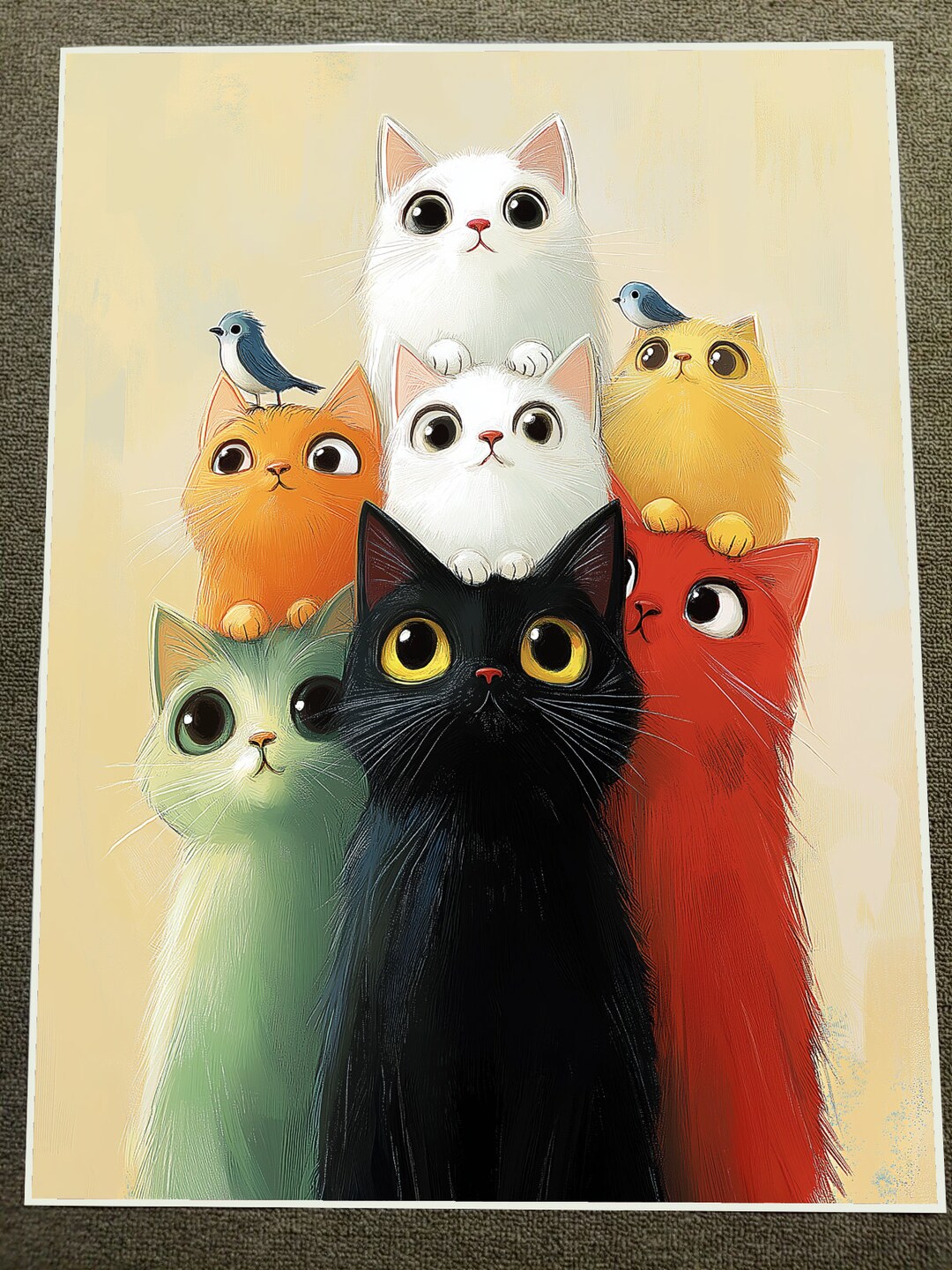 Cute Cats Stacked With Birds Playful Cartoon Art Poster 18x24in - Etsy