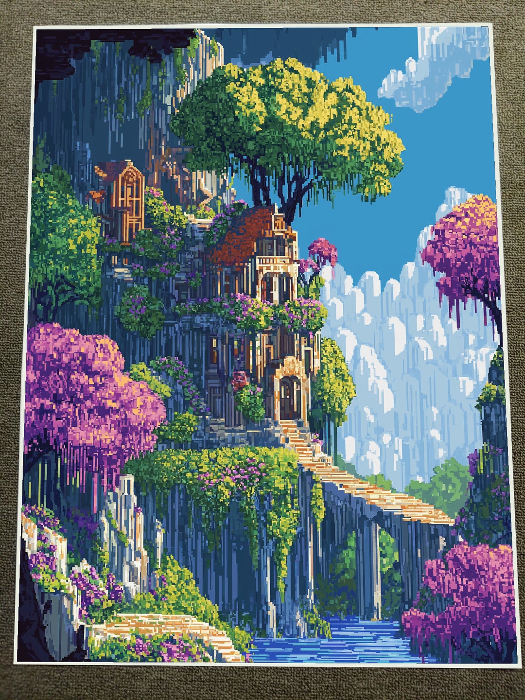 Bright Fantasy Cliffside Village With Colorful Flowers Poster 18x24in ...