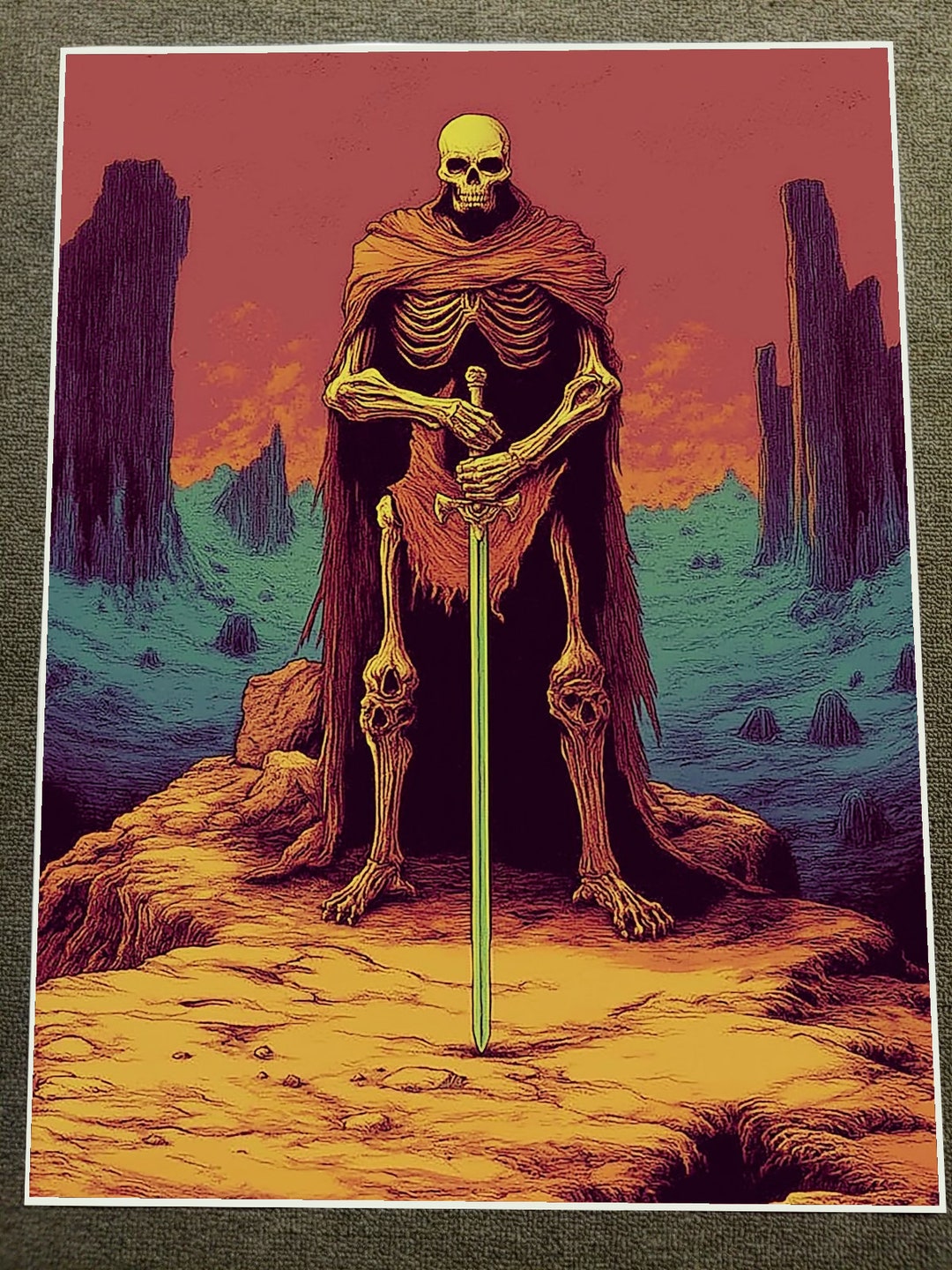 Skeletal Warrior With Sword in Post-apocalyptic Landscape Poster ...