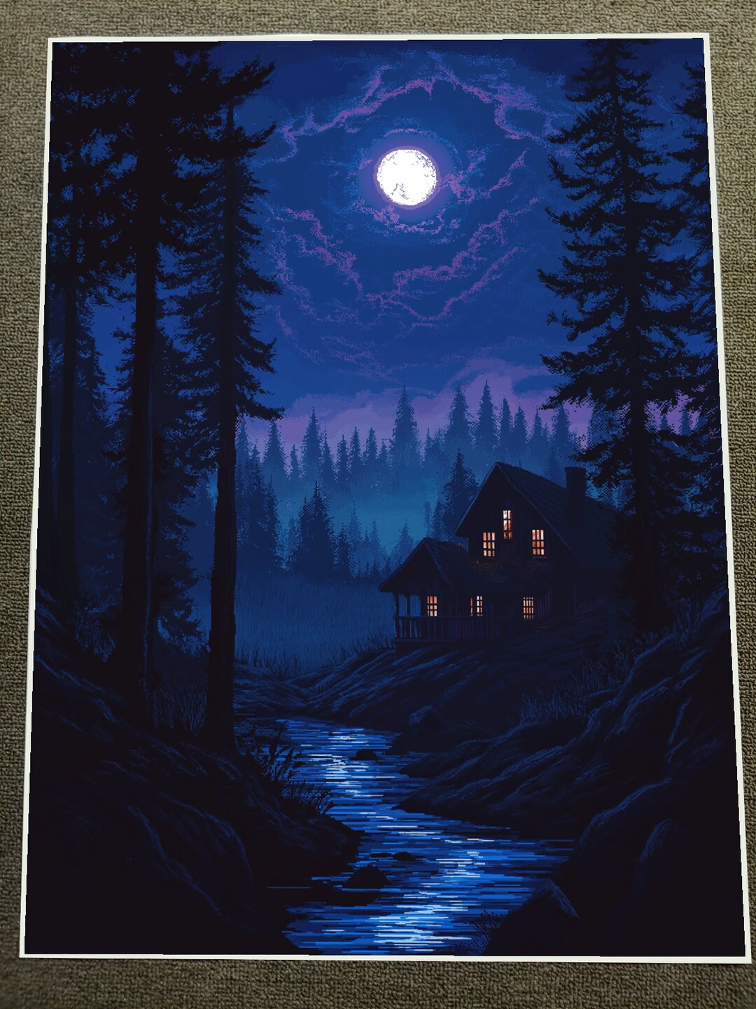 Moonlit Cabin in Dark Forest With Stream Poster 18x24in - Etsy