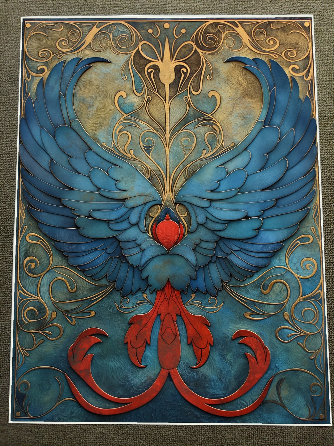 Majestic Blue Phoenix Art Print Red Gold Black Tapestry Poster 18x24in ...
