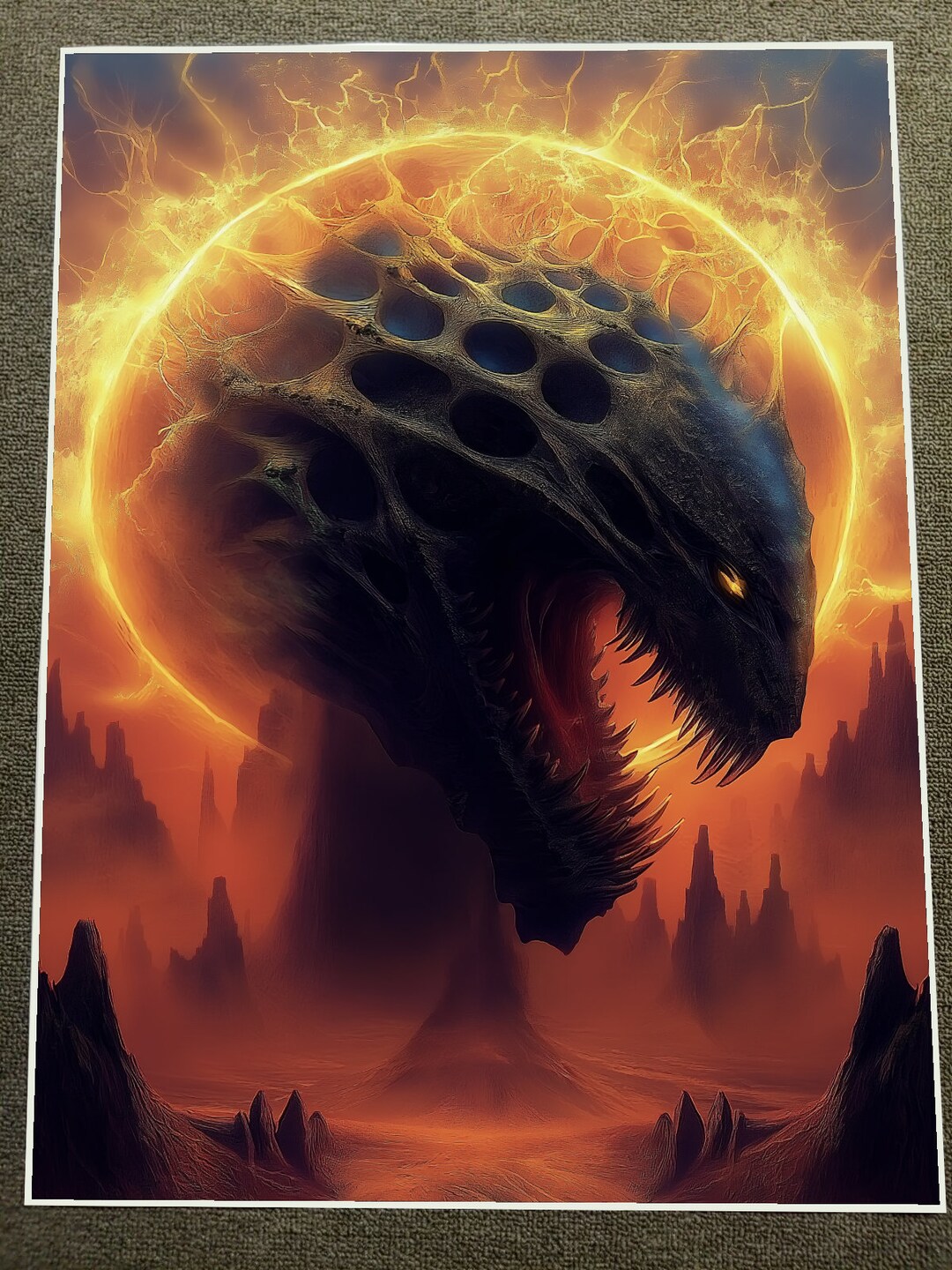 Giant Beast Head Surrounded by Glowing Sunburst in Wasteland Poster ...