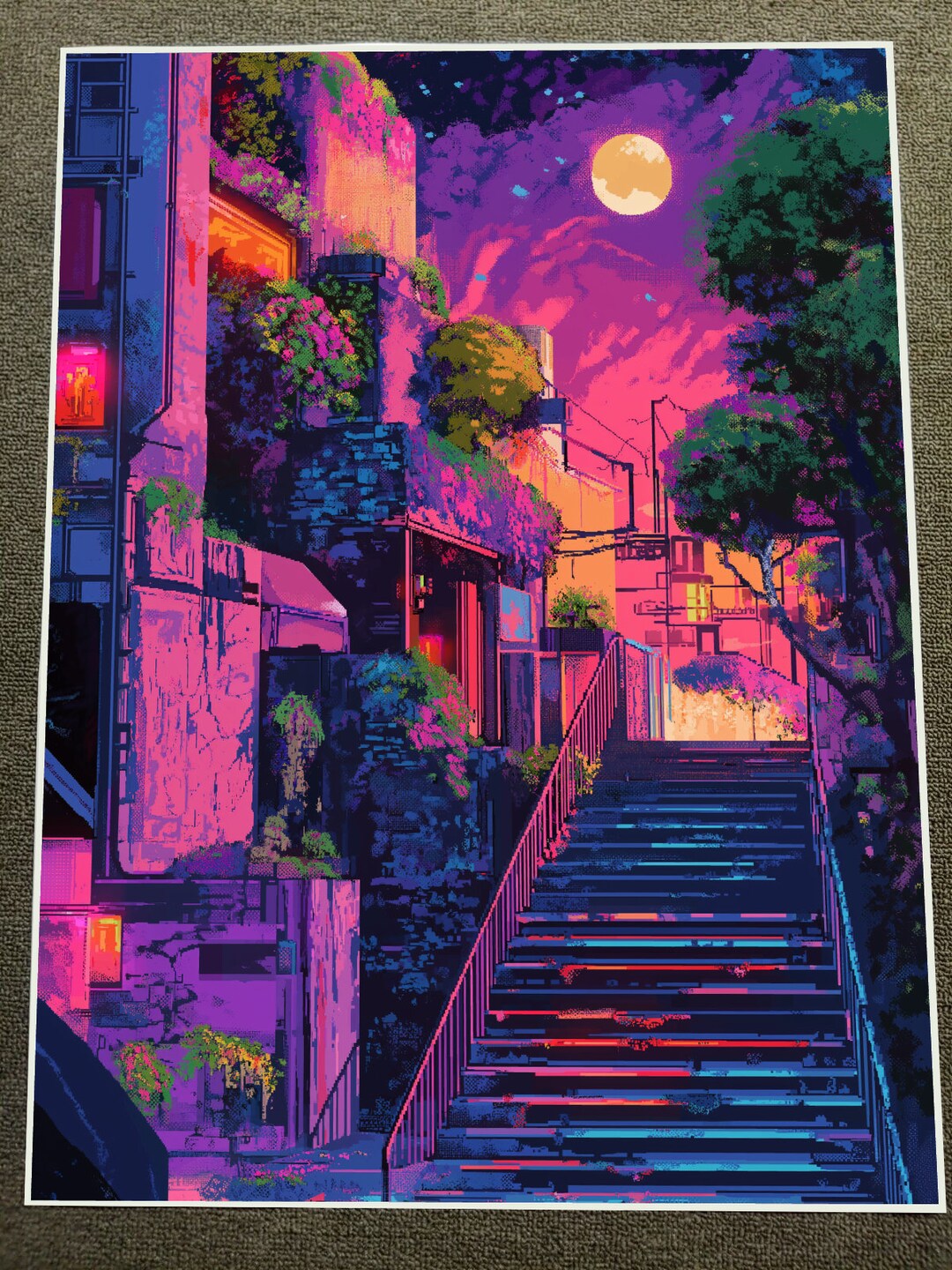 Moonlit Fantasy Stairs in Neon Cityscape - Poster 18x24in - Etsy