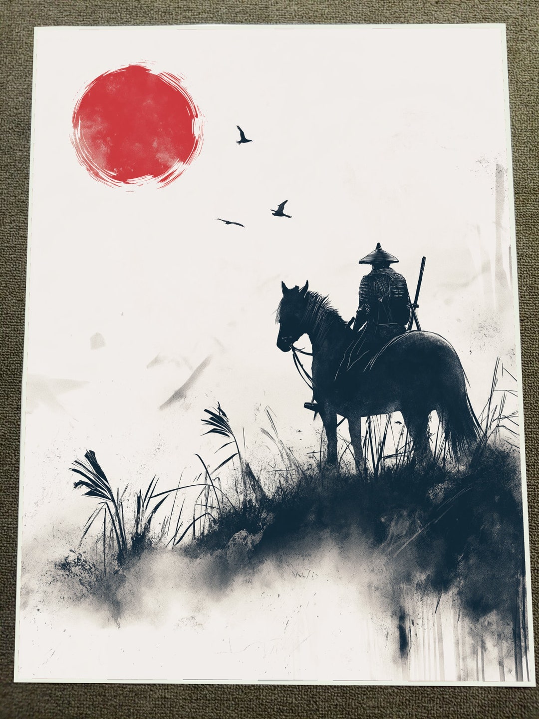Samurai Rider in Black Ink With Red Sun Japanese Art Poster 18x24in - Etsy