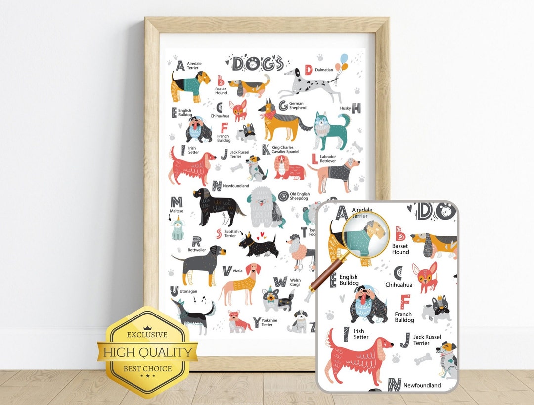 English Alphabet Dog Breeds Wall Art | Dog Illustration Nursery Poster ...