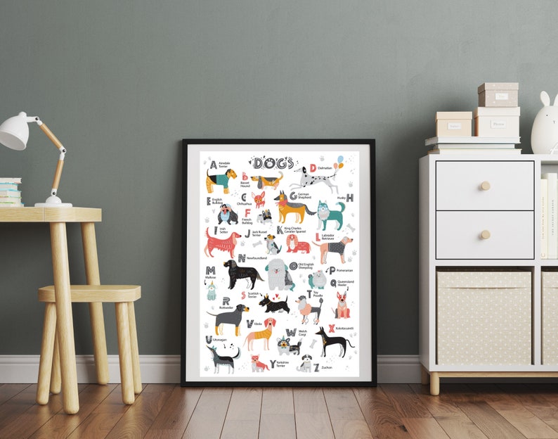 English Alphabet Dog Breeds Wall Art | Dog Illustration Nursery Poster ...