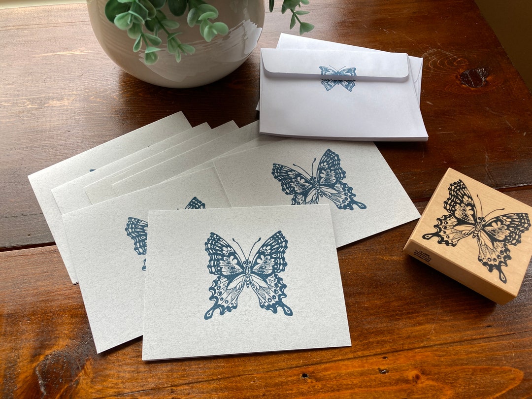 Blue Butterfly Note Cards and Envelope Set, Set of 8 Hand Stamped ...