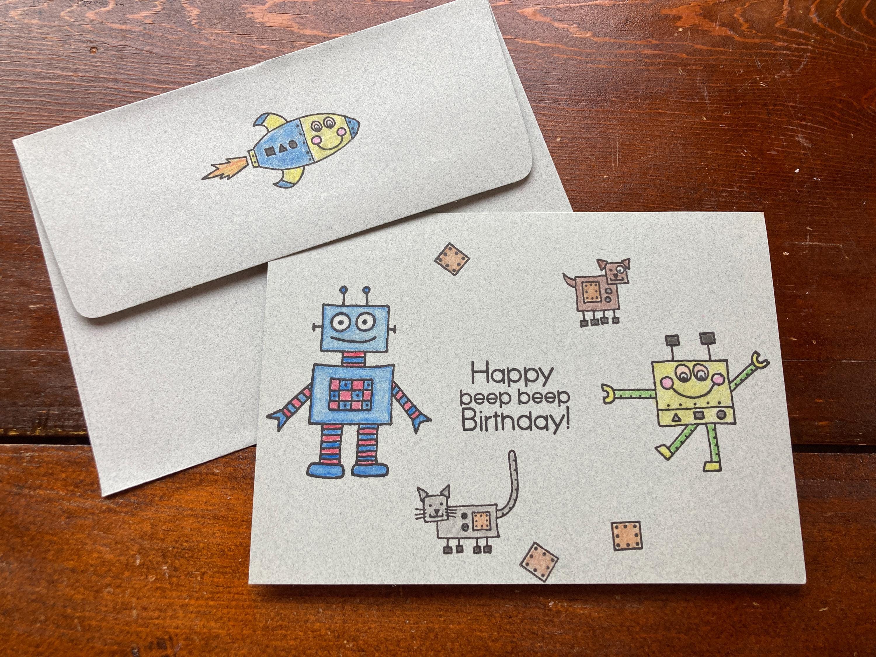 Handmade Stamped Robot Birthday Card, Green Stamped Robot Boy Card ...