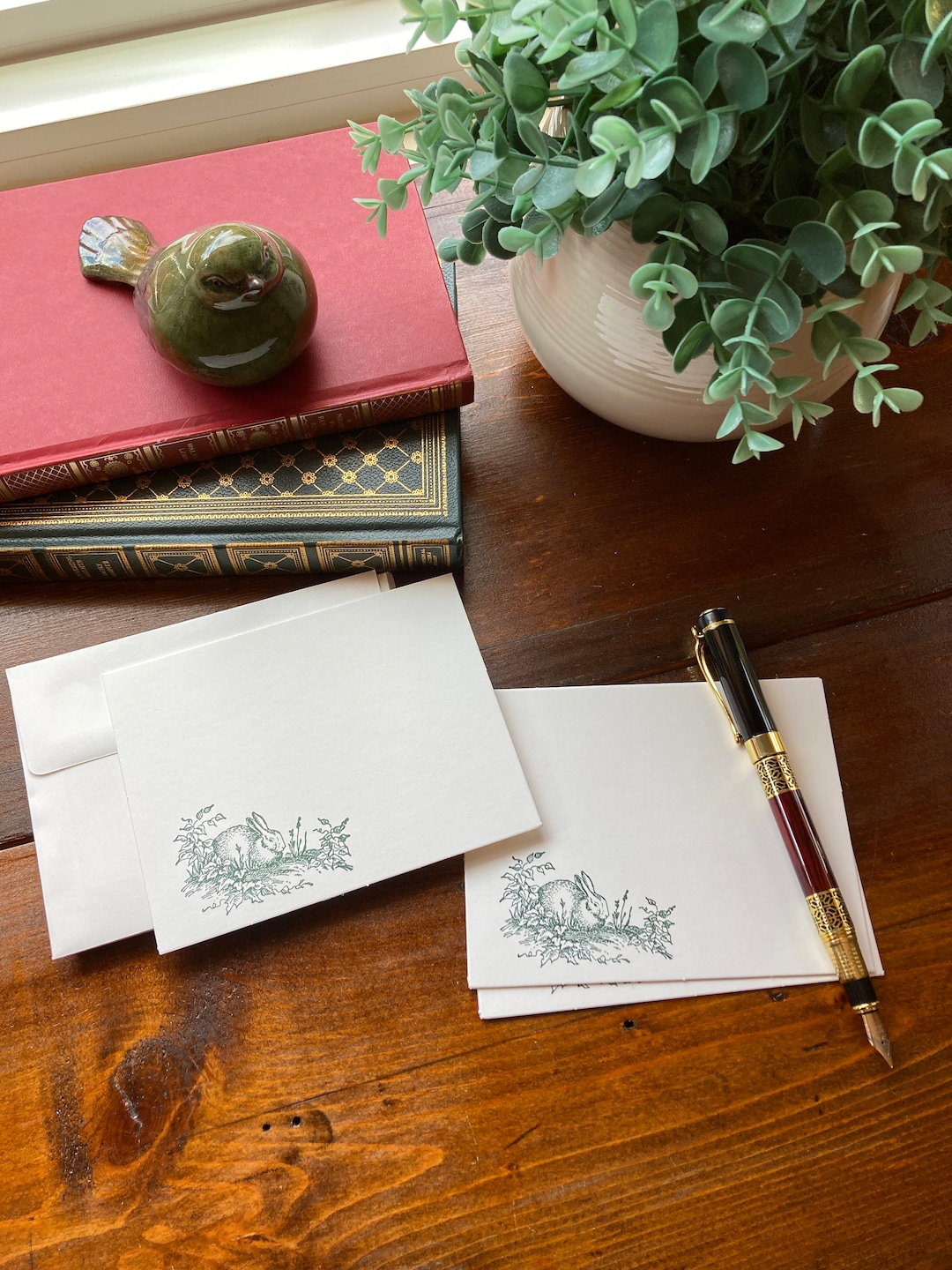 Hand Stamped Set of 10 Flat Note Cards, Sweet Bunny Flat Note Cards ...