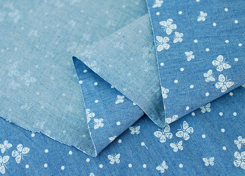 Blue Printed Denim Fabric Lightweight Denim Fabric Washed - Etsy