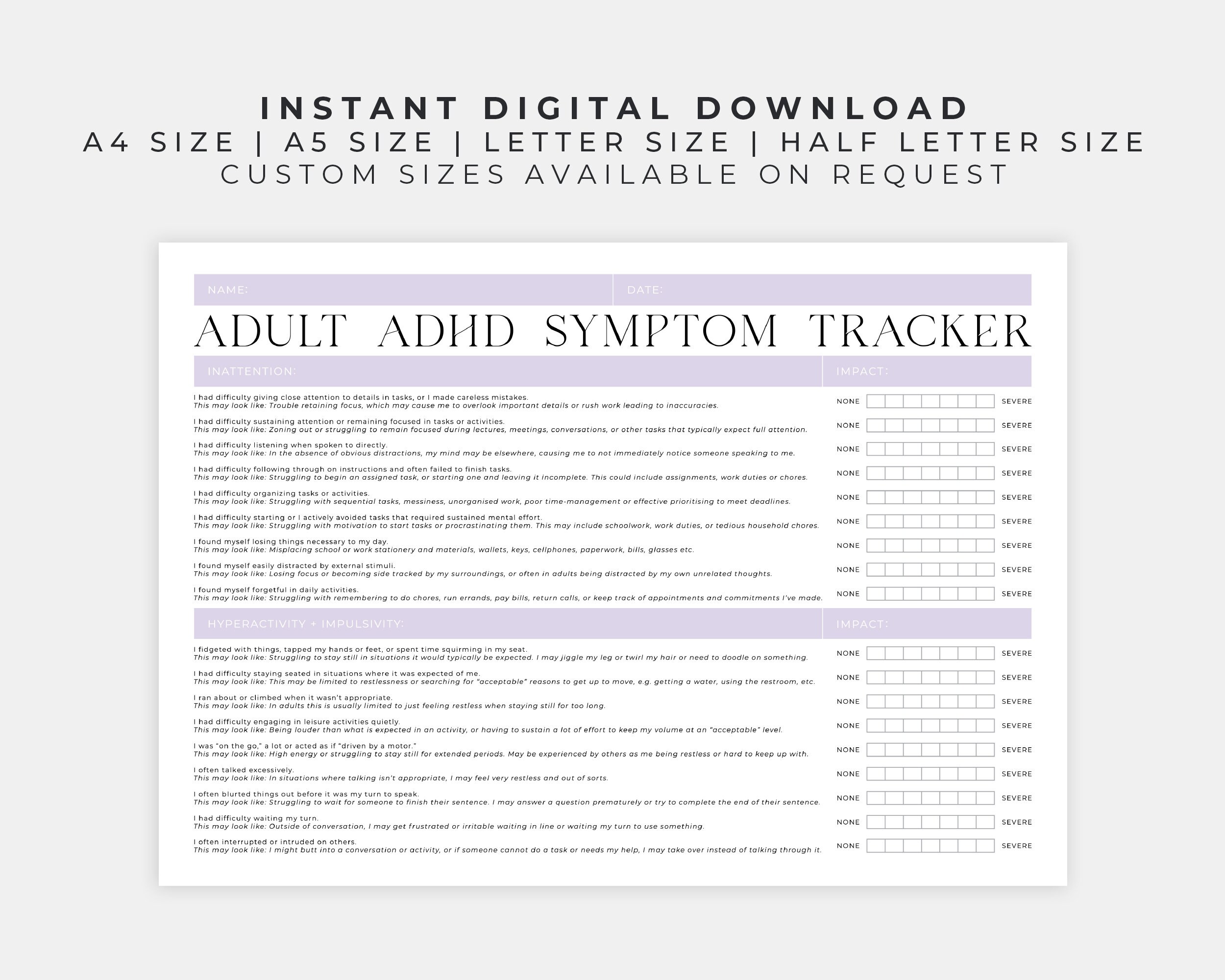 Adult ADHD Symptom Tracker Printable Planner to Track Daily Impact to ...