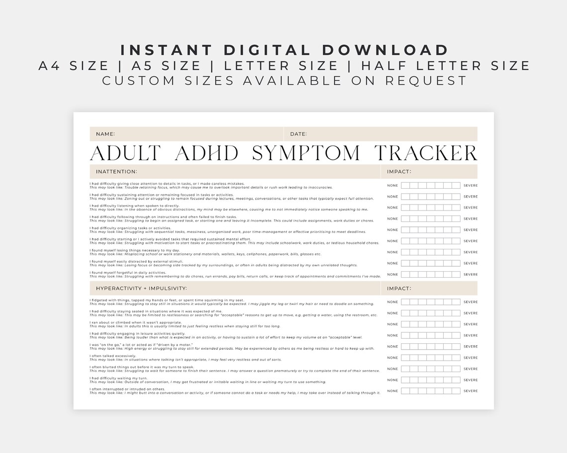Adult ADHD Symptom Tracker Printable Planner to Track Daily - Etsy