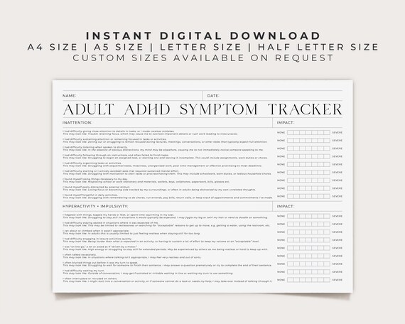 Adult ADHD Symptom Tracker Printable Planner to Track Daily - Etsy