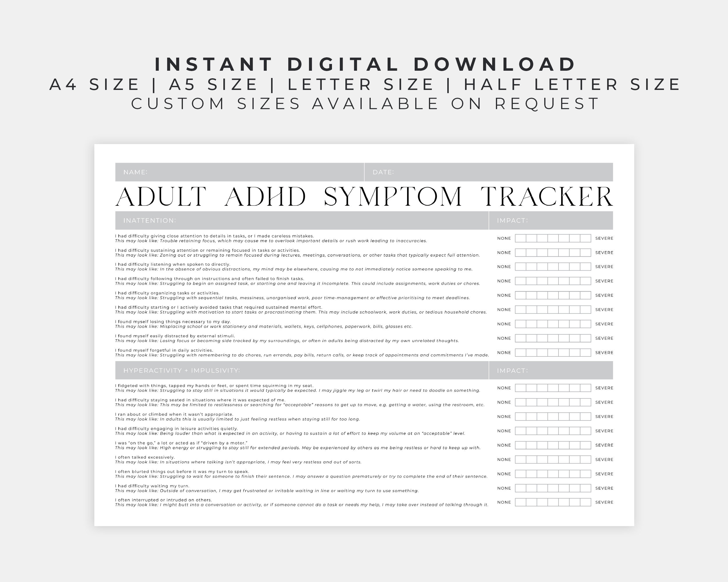 Adult ADHD Symptom Tracker Printable Planner to Track Daily Impact to ...