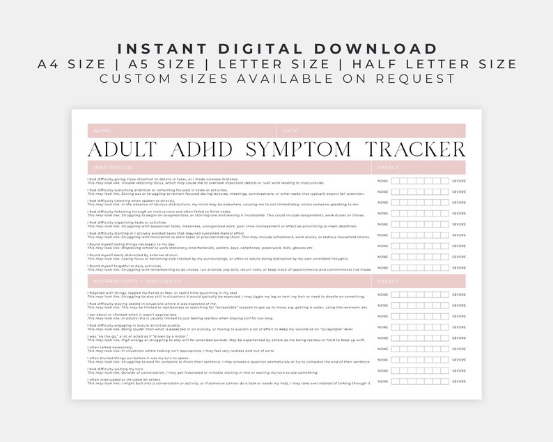 Adult ADHD Symptom Tracker Printable | Planner to Track Daily Impact to ...