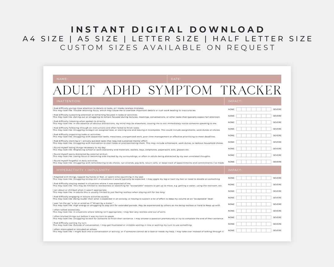 Adult ADHD Symptom Tracker Printable Planner to Track Daily Impact to ...