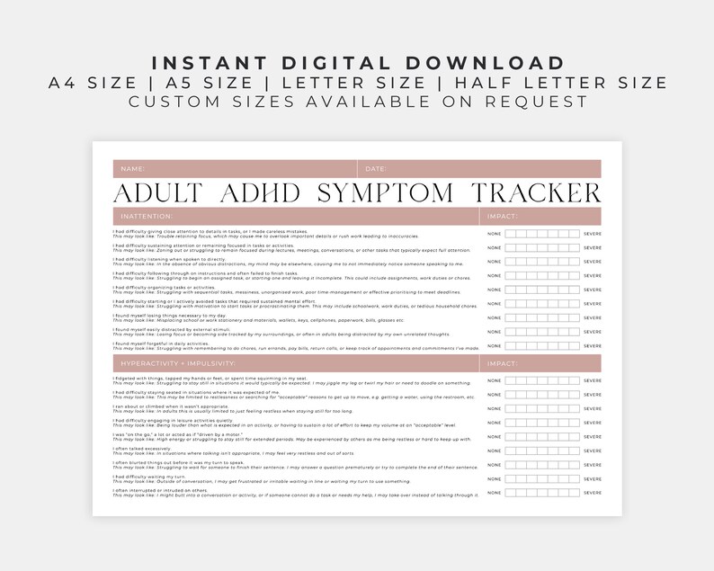 Adult ADHD Symptom Tracker Printable Planner to Track Daily Impact to ...