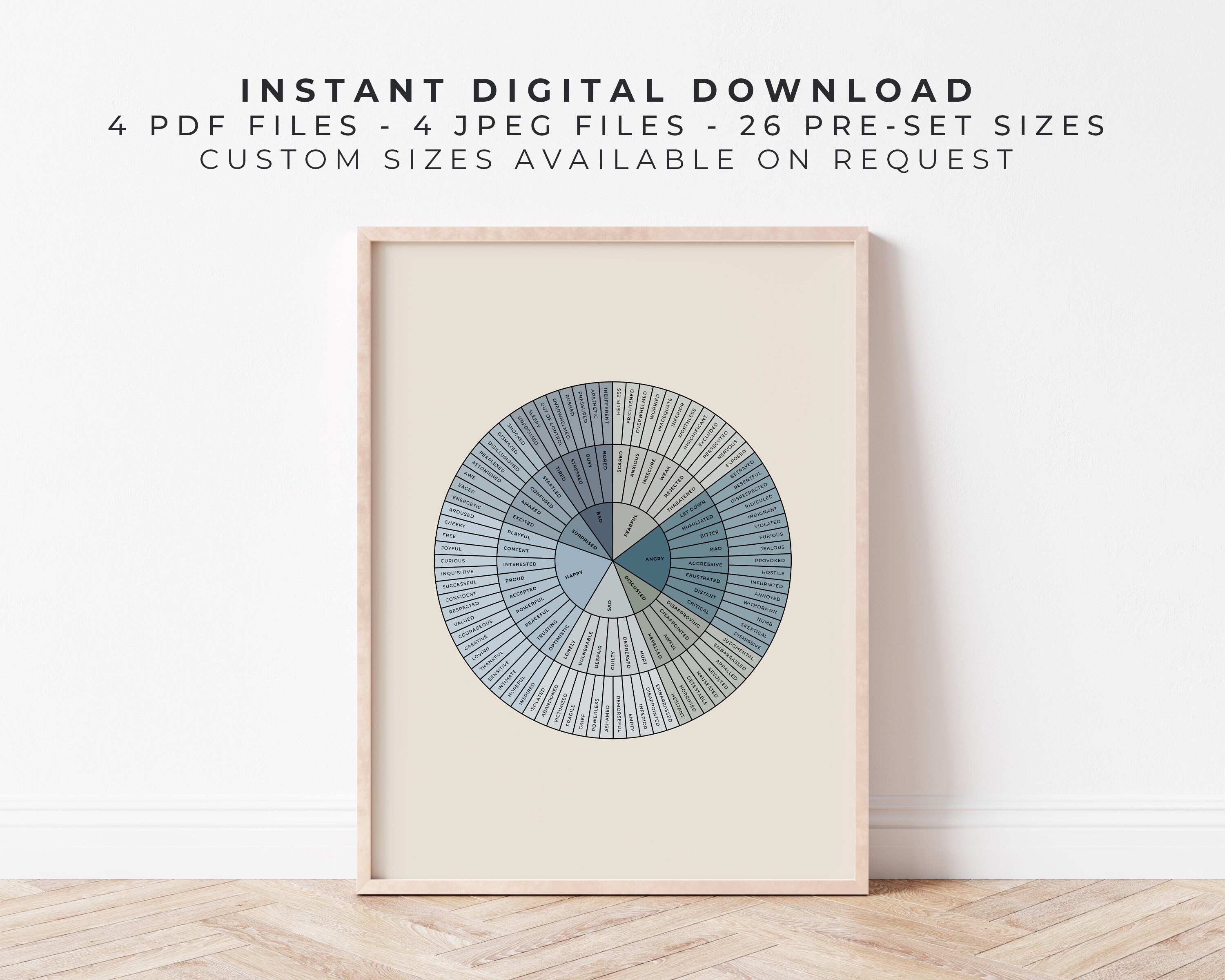 Feelings Wheel / Emotion Wheel Ocean Blue & Black on Sand Printable Aid ...