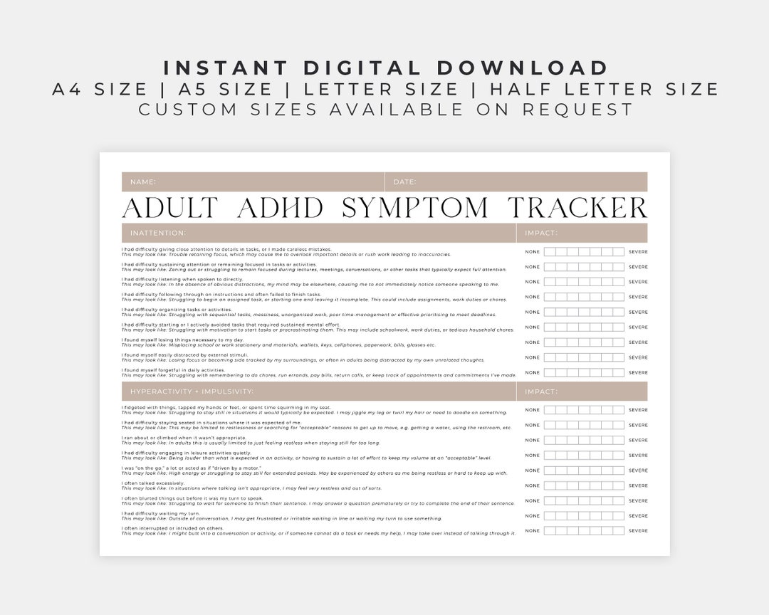 Adult ADHD Symptom Tracker Printable Planner to Track Daily Impact to ...