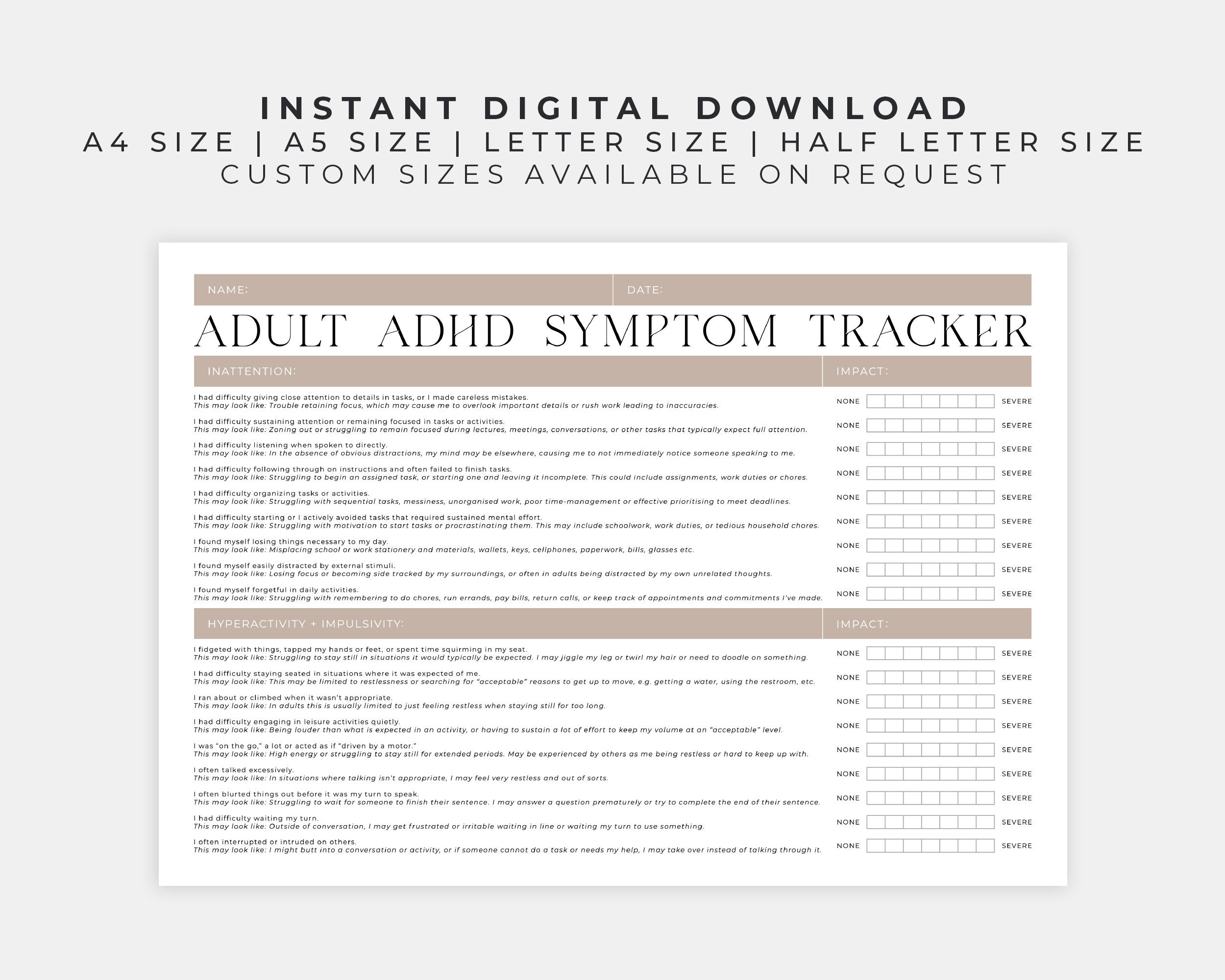 Adult ADHD Symptom Tracker Printable Planner to Track Daily Impact to ...