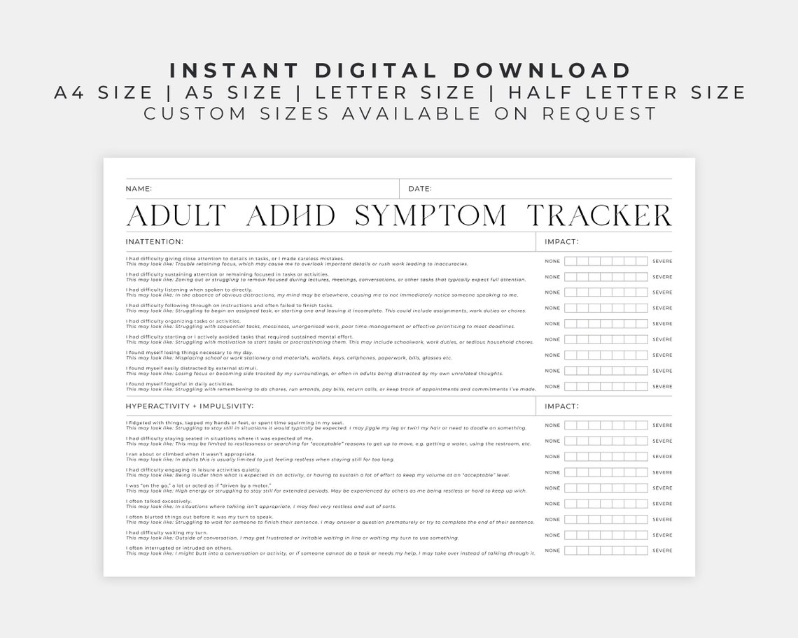 Adult ADHD Symptom Tracker Printable Planner to Track Daily - Etsy