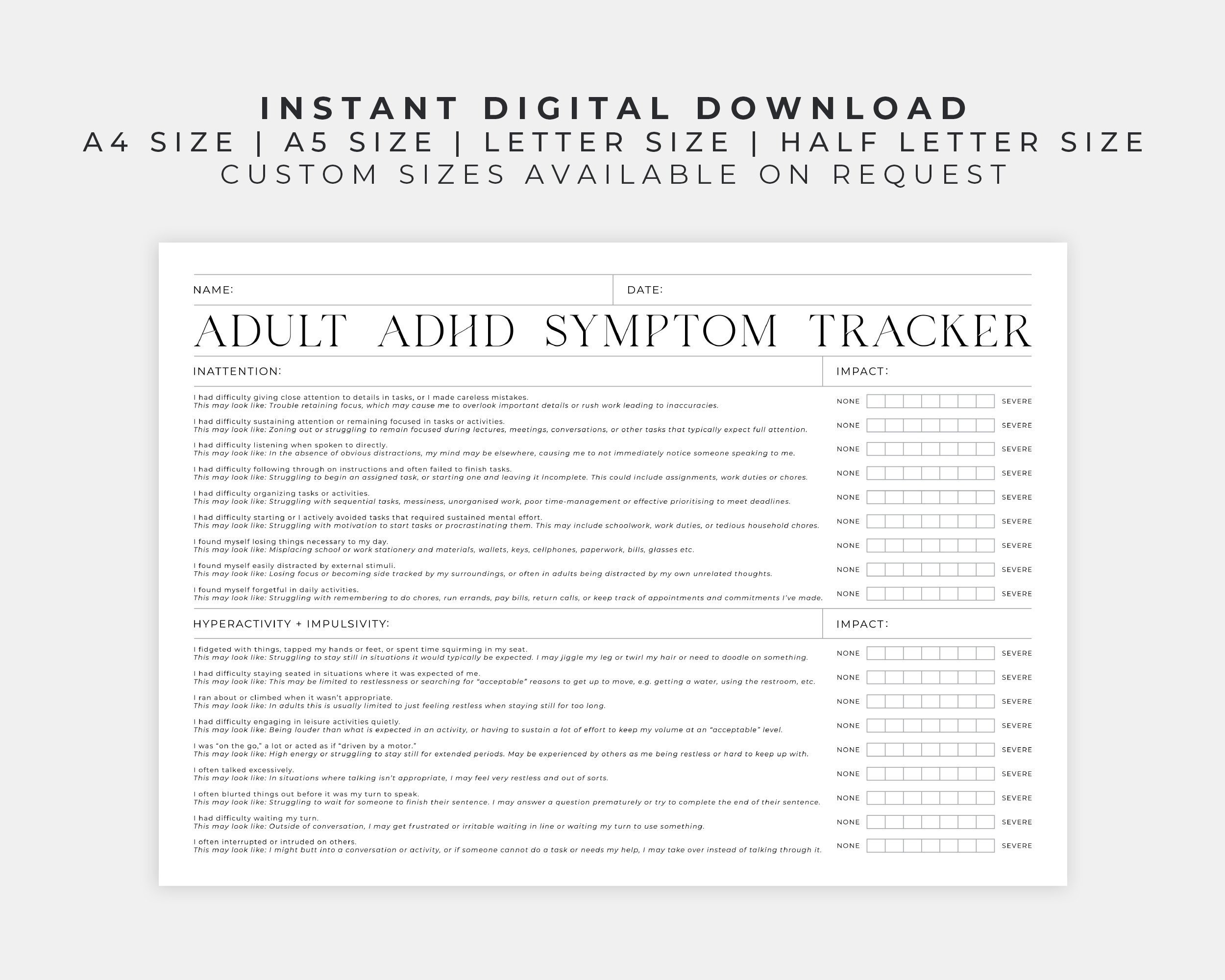 Adult ADHD Symptom Tracker Printable Planner to Track Daily Impact to ...